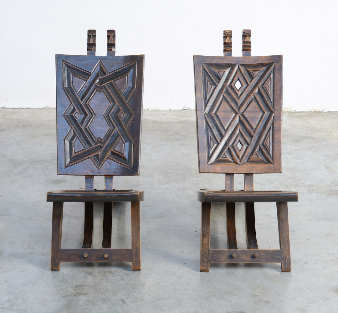 Nice Pair of Geometric African Chief Chairs - Vintage Design Point