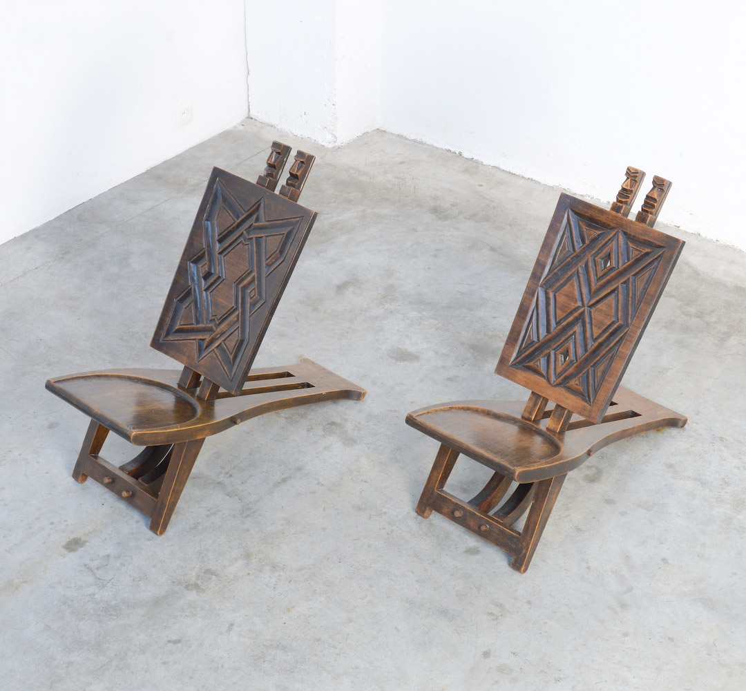 Nice Pair of Geometric African Chief Chairs - Vintage Design Point
